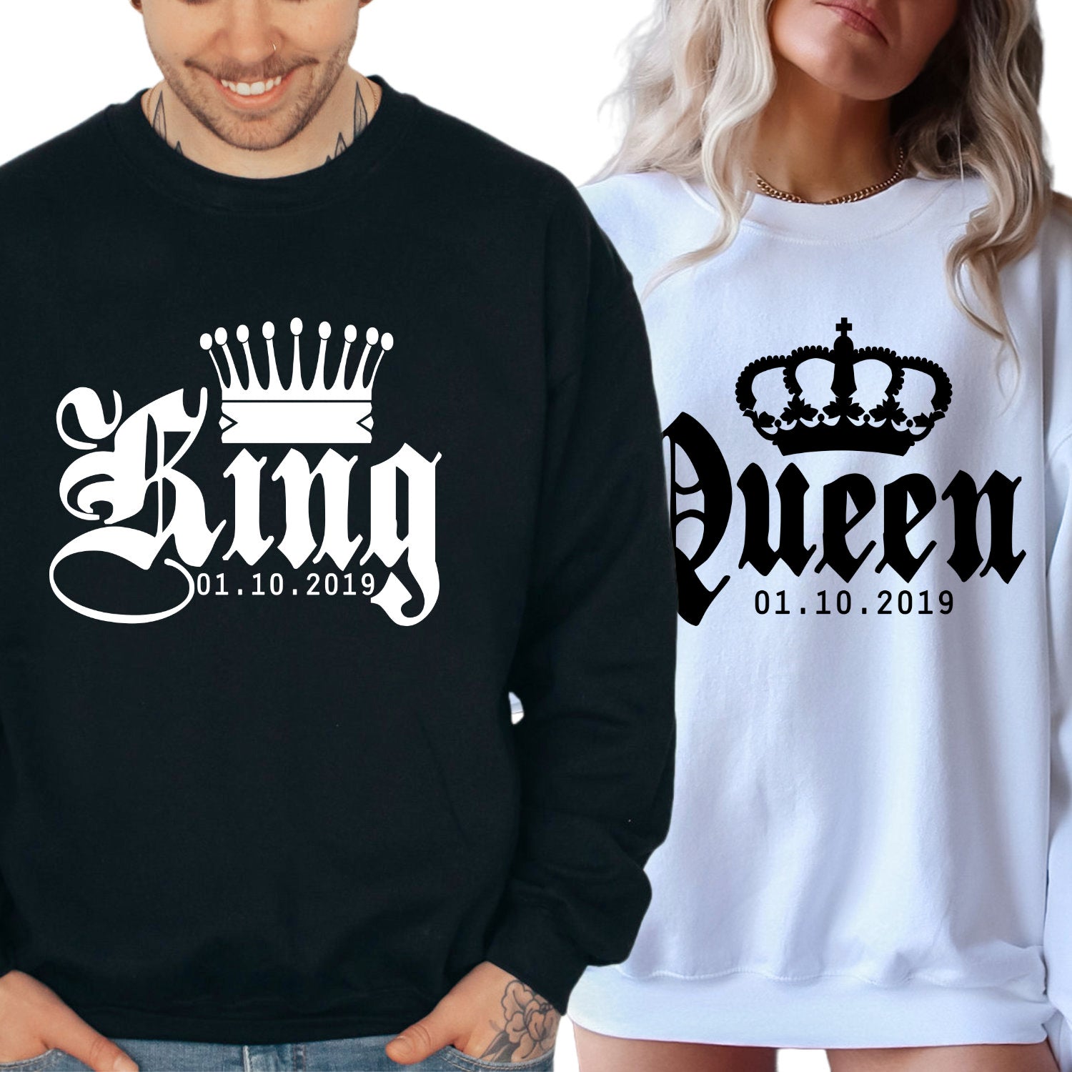 KING QUEEN Sweatshirt mit Wunschdatum und Krone Pärchenpullis für Paare ...